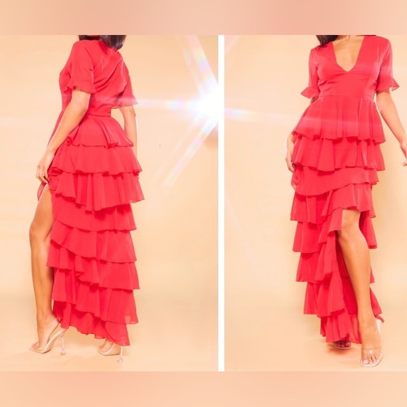 PrettyLittleThing | Dresses | New Pretty Little Thing Ruffle Red Maxi ...